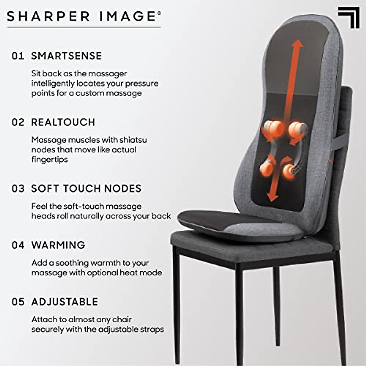 Sharper Image Smartsense Shiatsu Realtouch Massaging Chair Pad with Extra Cushion, Soothing Heat, 4 Deep Kneading Gel Nodes, Pain Relief for Neck, Back, Shoulders, Lumbar, Pressure Points Body Scan