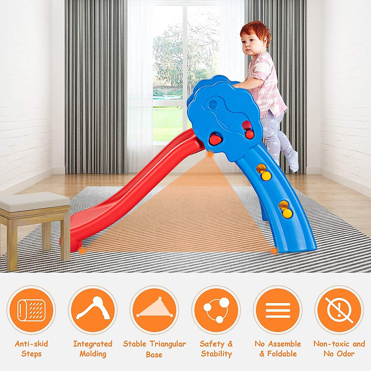 BABY JOY Folding Slide, Indoor First Slide Plastic Play Slide Climber for Kids (Floral Rail)