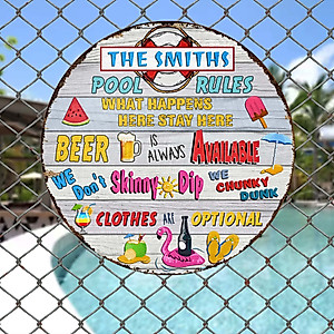 V VIBEPY All Over Printed, Personalized Pool Rules Wooden Sign, Pool Rules What Happens Here Stay Here, Pool Bar Decor, 8”,12”,18” Wooden Sign, Summer Decor Outdoor, Housewarming Gift (02)