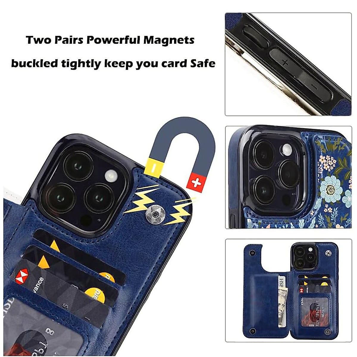 uCOLOR Compatible with iPhone 15 Pro Max 6.7" Wallet Case with Card Holder Slot Folio Flip Leather Kickstand Magnetic Clasp RFID Blocking Design Cover 15PM 6.7 Inch (Navy Blue Flowers)