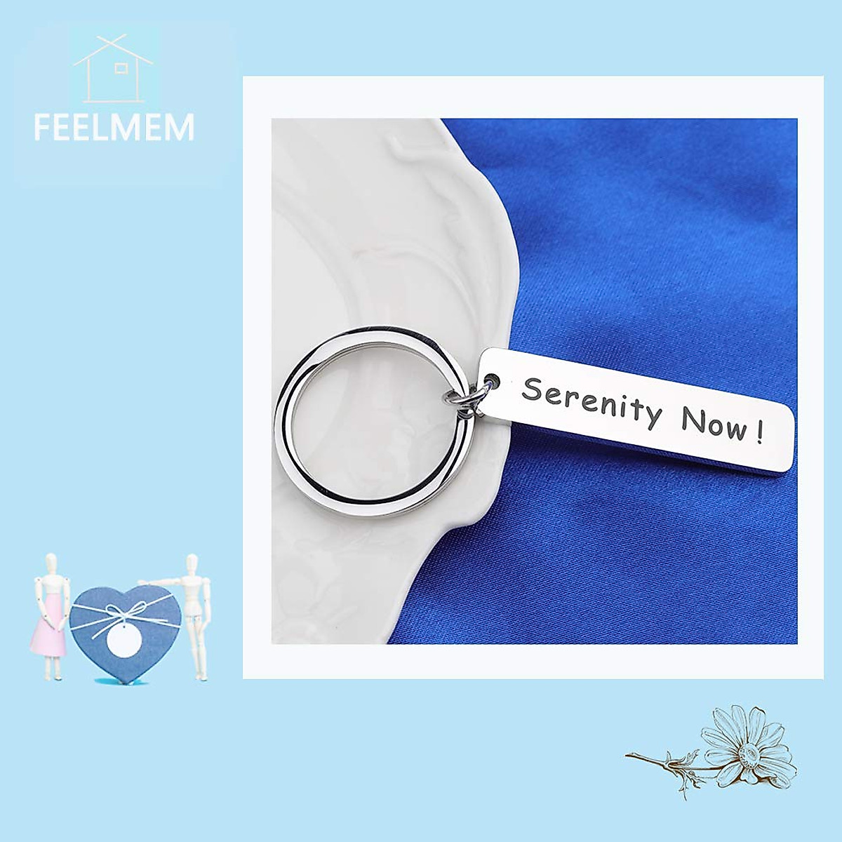 FEELMEM Relaxing Handstamped Key Chain Serenity Now Keyring Gift for Best Friend Family Jewelry (Silver)