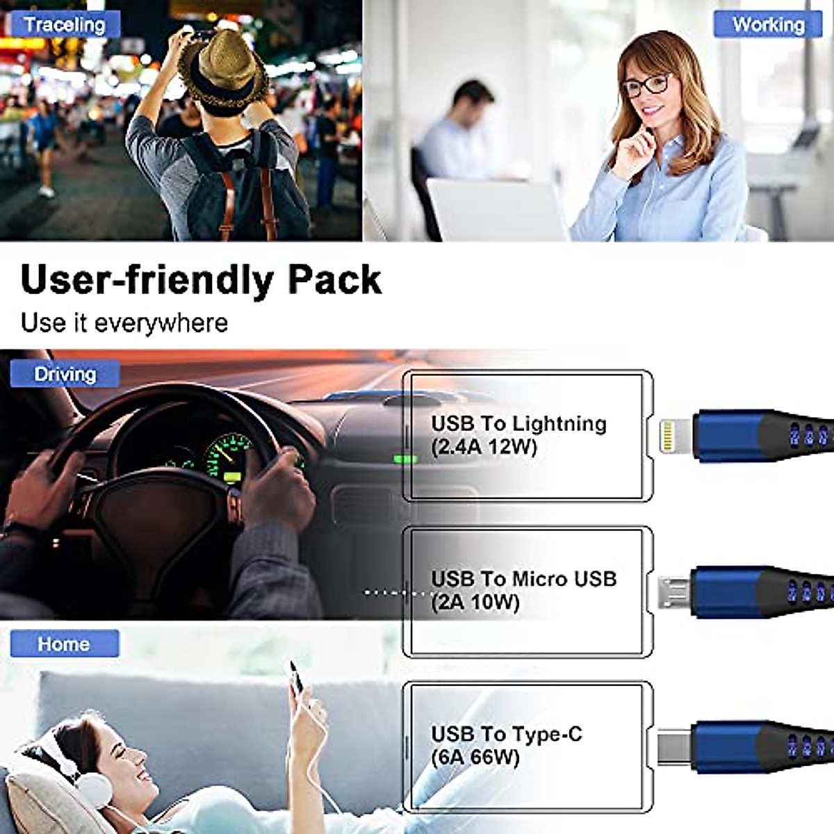 Bawanfa Multi 3 in 1 USB Long Charger Cable, 3M/10Ft 6A PD Fast Braided Charging Cord, Universal Multiple Ports Long Charging Cable with USB C/Micro USB/Lightning Connector