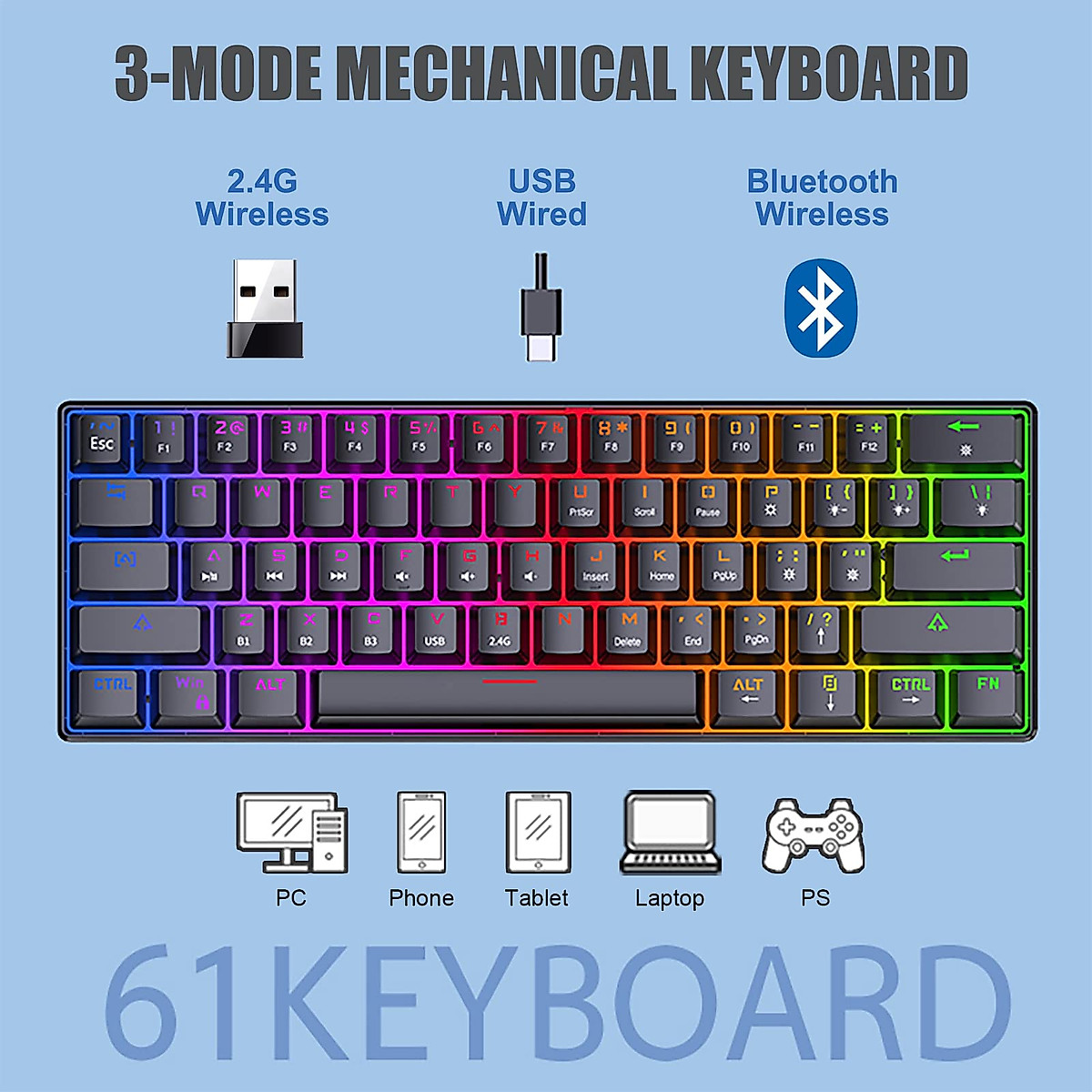 Ajazz G1000 USB Wired/2.4G/Bluetooth 3-Modes Wireless Mechanical Keyboard, Compact 61 Keys, Adjustable RGB Backlight, iOS/Android/Mac/Windows Compatible (Black, Blue Switch)