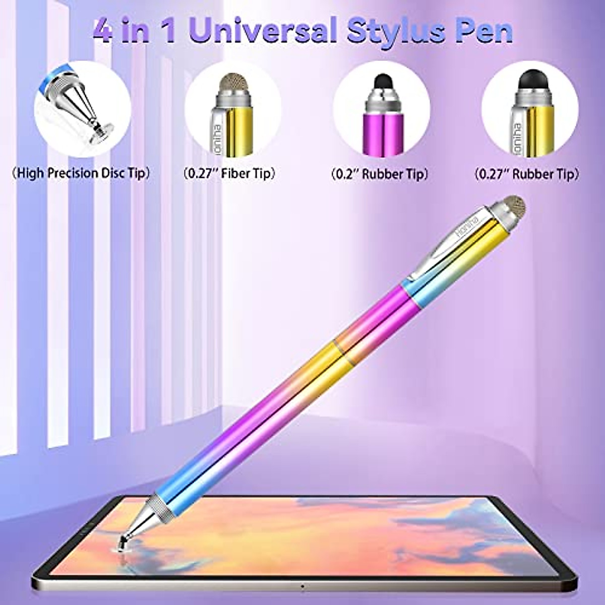 Universal Stylus Pens, Honiha High Precise Disc Stylus Pens for Touch Screens 4 in 1 Touch Screen Pen Capacitive Stylus Compatible with iPad, iPhone, Samsung, Android, Microsoft Tablets- Rainbow