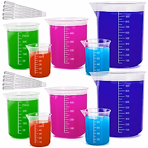 Plastic Beakers Set, 20 Pcs Plastic Measuring Beakers and Droppers, 10 Pcs Clear Measuring Graduated Liquid Container Beakers in 50/100/250/500/1000ml with 10 Pcs Thickened Plastic Droppers in 3ml