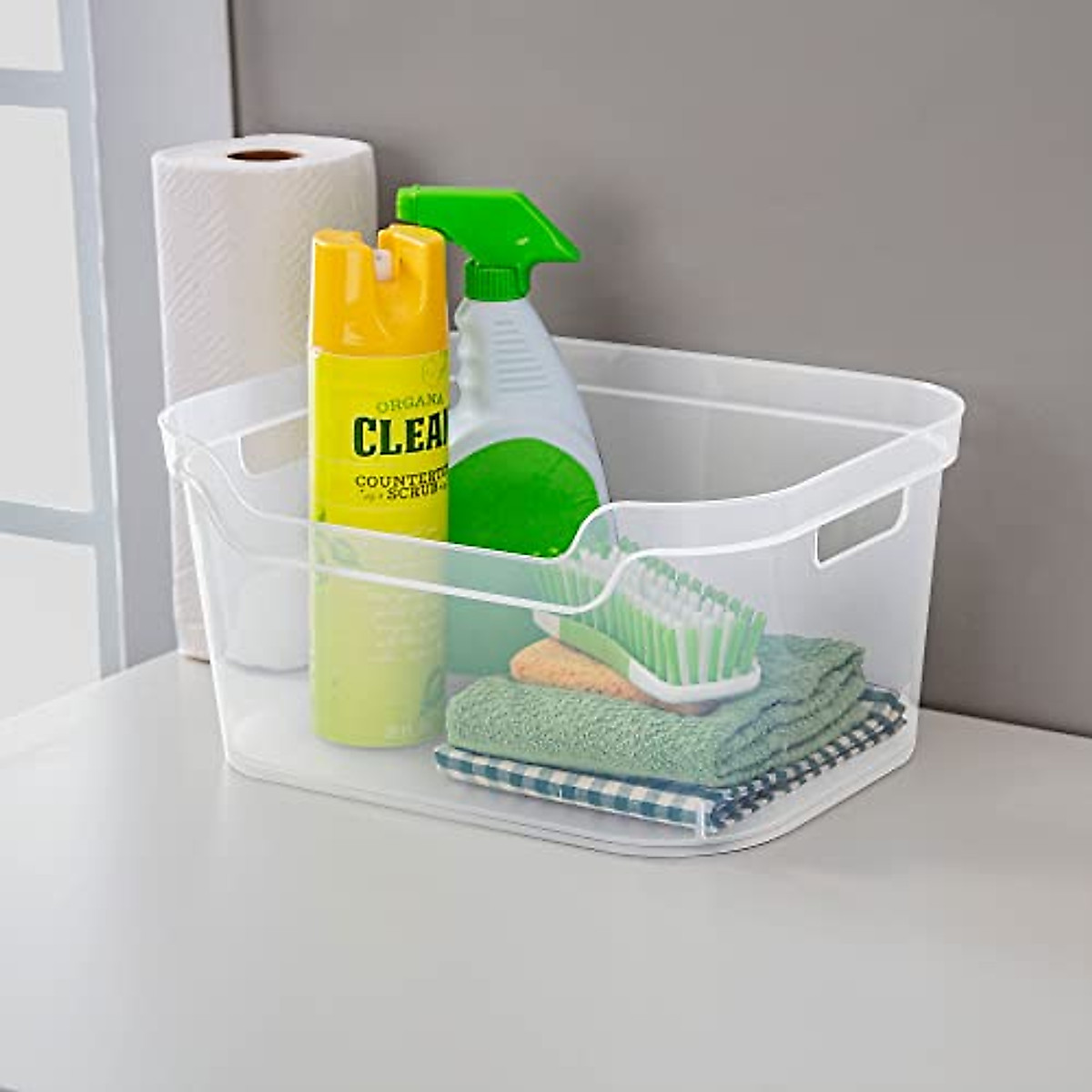 Sterilite 7 x 11 x 14.25 Inch Polished Open Scoop Front Storage Bin with Comfortable Carry Through Handles for Household Organization, Clear (6 Pack)