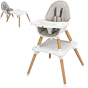 BABY JOY 5 in 1 High Chair, Convertible High Chairs for Babies and Toddlers/Booster Seat/Table and Chair Set, Infant Wooden Highchair w/ 5-Point Harness, 4-Position Removable Tray & PU Cushion, Gray