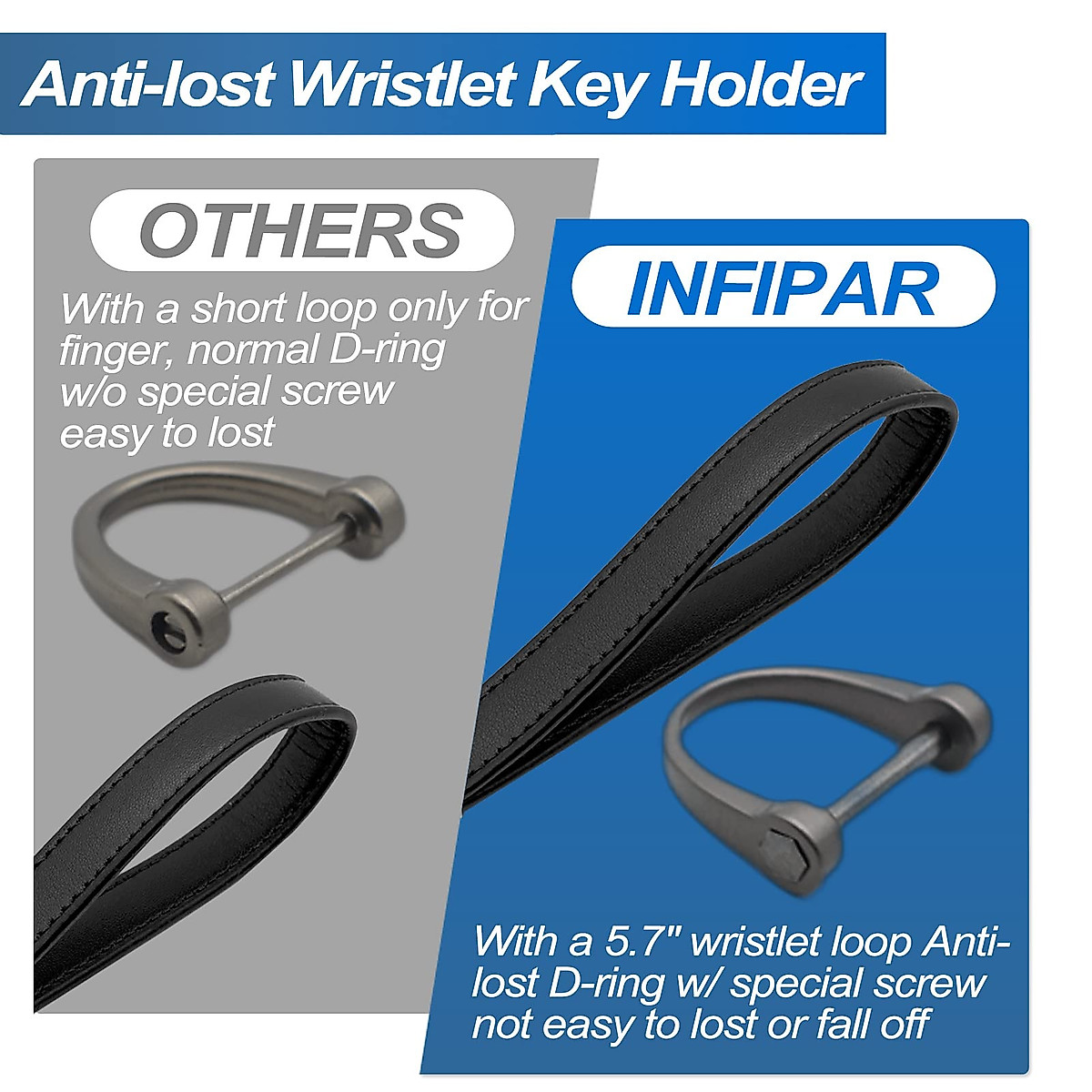 INFIPAR Car Fob Key Chain Genuine Leather Wristlet Strap Keychains Holder for Men and Women, 360 Degree Rotatable, with Anti-lost D-Ring, Carabiner Clip and 4pcs Key Rings, Dark and Black