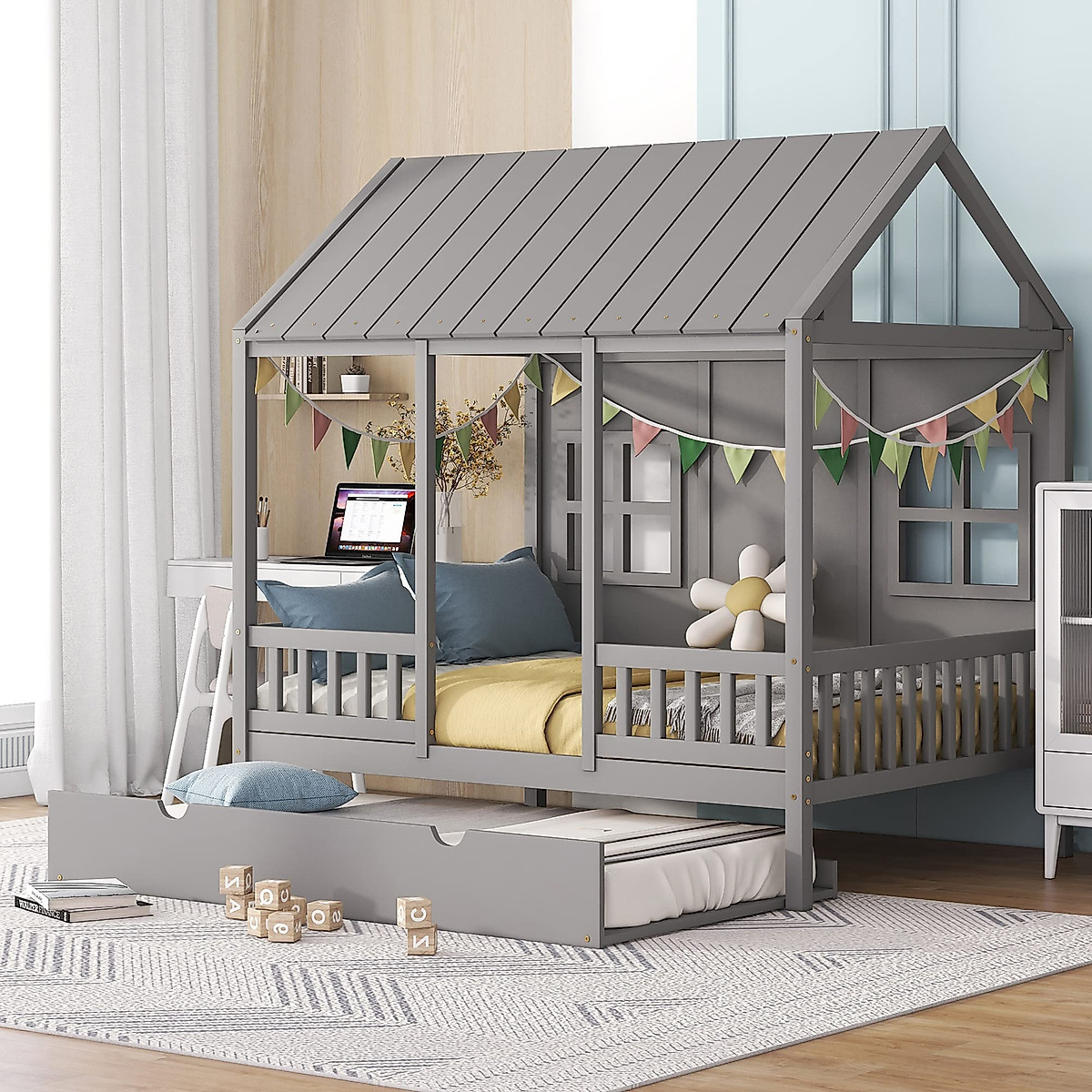 Bellemave Full House Beds with Trundle and Rails Wooden Kids Montessori Bed with Wall and Windows Wood Playhouse Tent Bed Frame for Girls Boys, Full Size, Gray