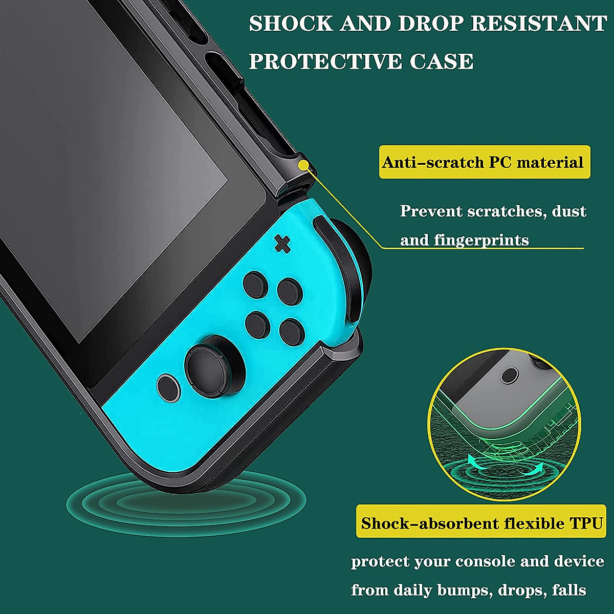 HOMMES Protective Case for Nintendo Switch Games, Switch Case with 7 Game Cards Storage Slots, 360° Full Protection switch accessories with Ergonomic Design and Adjustable Kickstand,6 Thumb Grip Caps