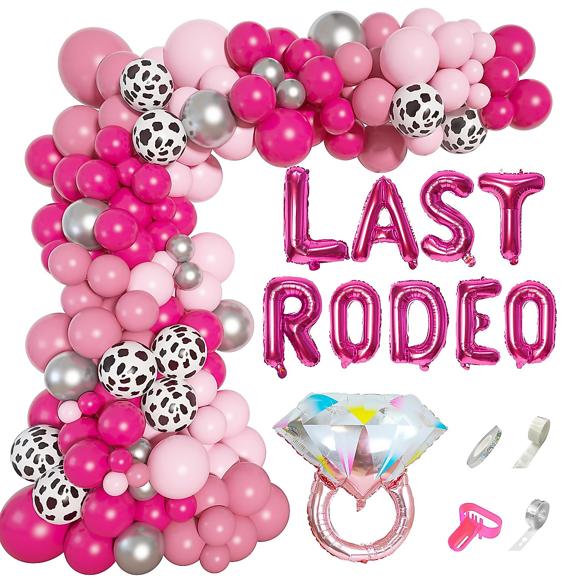 Cowgirl Pink Balloons Arch Garland Kit, 131Pcs Hot Pink Silver Cow Print Last Rodeo Diamond Foil Balloon for Western Disco Cowgirl Birthday Party Bachelorette Baby Bridal Shower Wedding Decorations