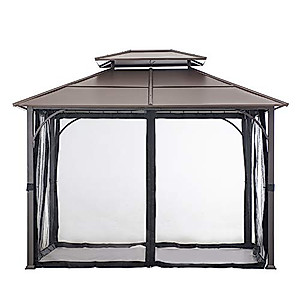 Sunjoy Hardtop Gazebo 10 x 12 ft. Outdoor Gazebo, Heavy Duty Steel Frame Gazebo, Double Tiered Metal Gazebo with Ceiling Hook and Mesh Netting, Brown