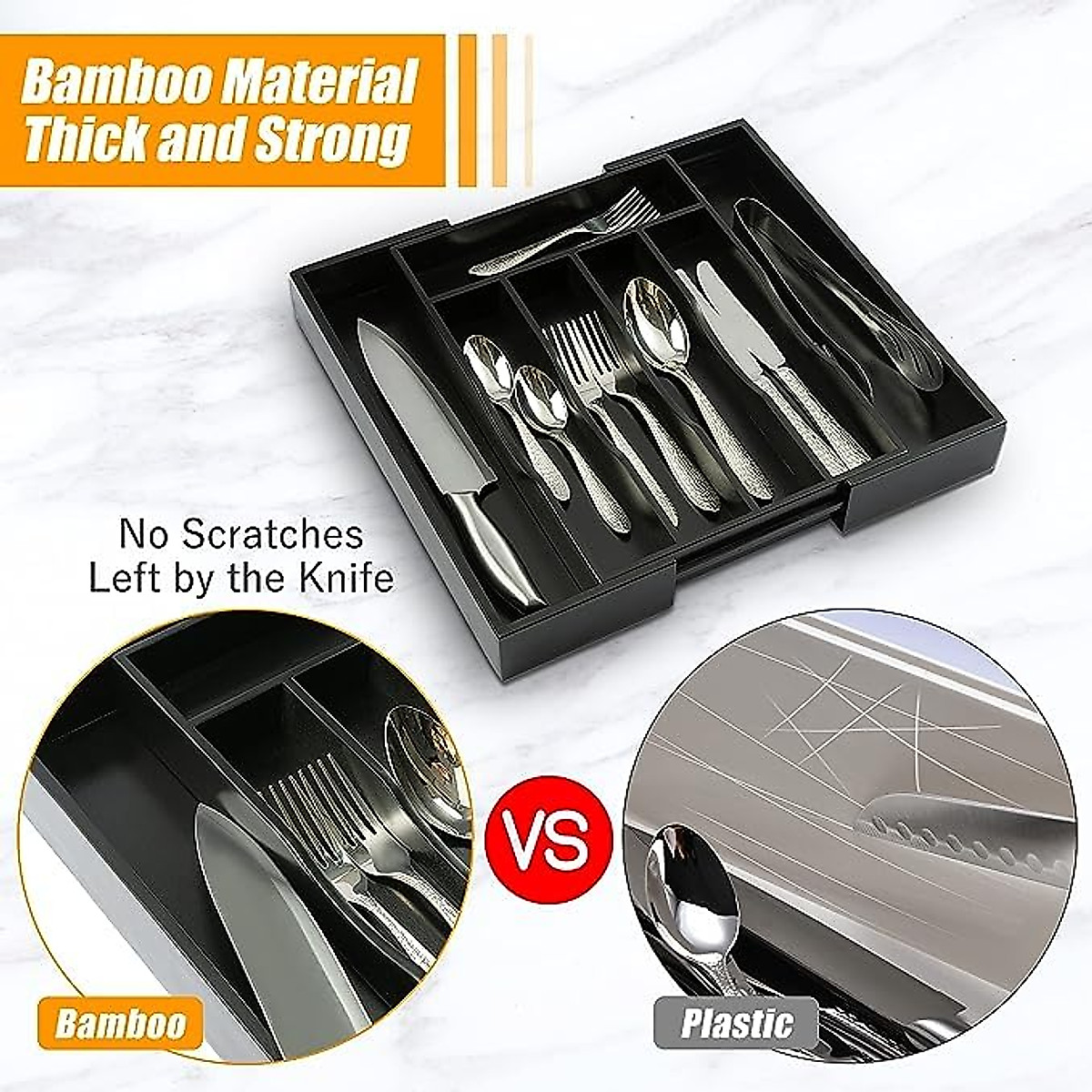 Gymnacy Utensil Organizer Silverware Drawer Organizer, Extra Deep, Non-Slip Feet, 7 Slots Bamboo Silverware Tray For Kitchen Cutlery Office Supplies Makeup Desk Storage (Black)