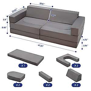 Kinevoli 10pcs Modular Kids Play Couch, Toddler Sectional Sofa for Playroom Bedroom, Convertible Foam and Floor Cushion for Boys & Girls, Gray