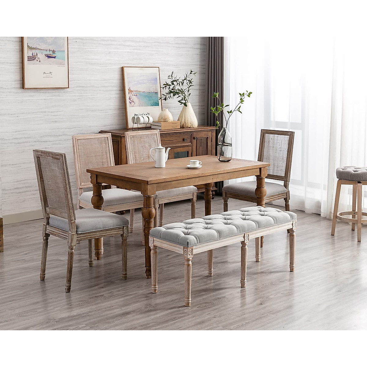 CIMOTA Farmhouse Dining Chairs Set of 2, French Rattan Dining Room Chairs with Rectangle Back/Distressed Wood Upholstered Vintage Side Chairs for Kitchen/Restaurant, Beige/2PCS