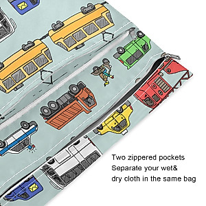 2pcs Bus Truck Car Cloth Diaper Wet Dry Bag Waterproof Reusable Wet Dry Organizer,Transportation Washable Wet Bag with Two Zippered Pockets for Travel Beach Gym Swimsuits Toiletries