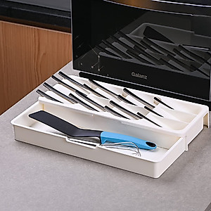 Faridabio Kitchen Drawer Organizer Tray,Expandable Cutlery Silverware Organizer Storage Tray for Kitchen Drawer Flatware Spoons Forks,Creamy White