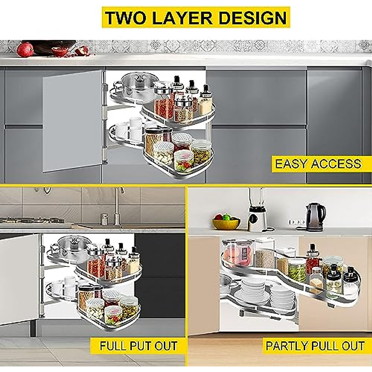 Sunway Blind Corner Cabinet Pull Out Organizer, Soft Close Swing Right Pull Out Cabinet Organizer 36inch, Corner Cabinet Lazy Susan for Corner Cabinet Blind Shelf, 2 Tiers Tray, Adjustable Height