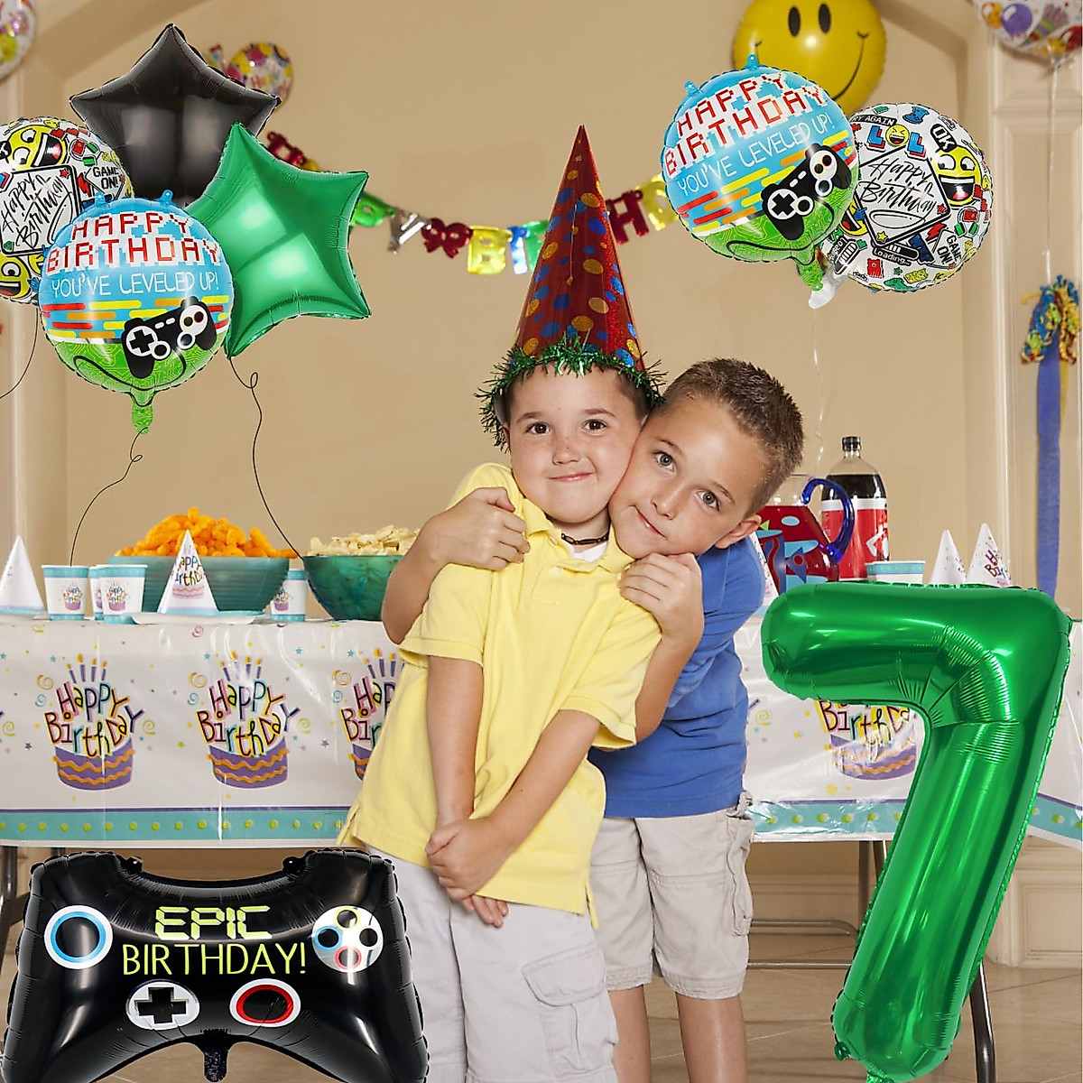 Video Game Party Balloons Include Game Controller Birthday Balloons Green Number 7 Foil Balloon Round Gaming Balloons Star Foil Balloons for Kids Boys 7th Birthday Decorations