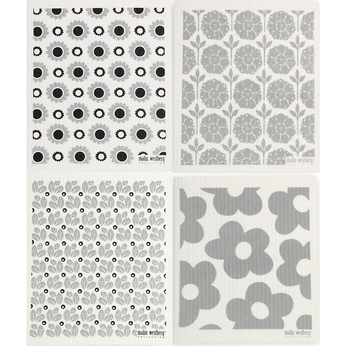 Trendy Tripper Swedish Dishcloths/Sponge Cloths - Packs of 4 Different Designs in Grey (4-Pk Grey: Garden, Berries, BLOMMORS, Country Life Flow)