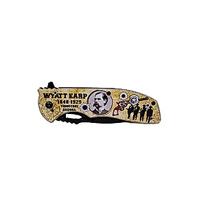 Folding Wyatt Earp Pocket Knife, 4.75 inch Stainless Steel Blade Pocket Knife with Printed portrait of Wyatt Earp (birth from 1848 - 1929)| Legend of the West Collection| with Pocketclip for Camping, Fishing, Hiking, Gifts for Father, Husband