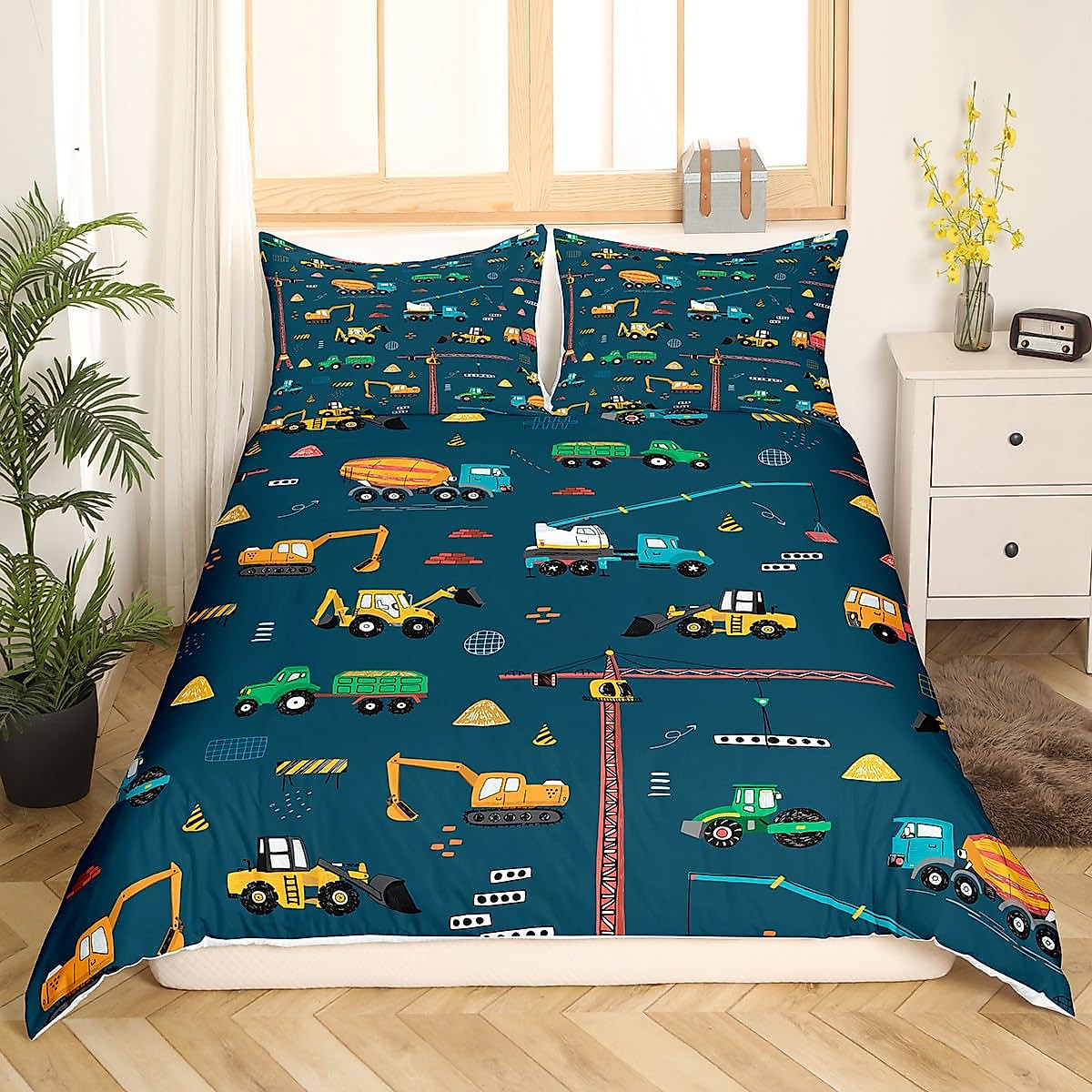 Boys Cartoon Cars Bedding Set for Girls Kids Construction Vehicles Comforter Cover Decorative Heavy Machinery Truck Duvet Cover Construction Site Bed Set Queen Size 3Pcs Bedclothes (No Comforter)