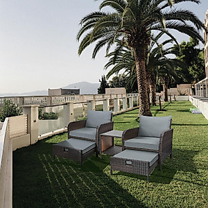 LEVELEVE Balcony Furniture 5 Piece Patio Conversation Set, PE Wicker Rattan Outdoor Lounge Chairs with Soft Cushions 2 Ottoman&Glass Table for Porch, Lawn-Brown Wicker