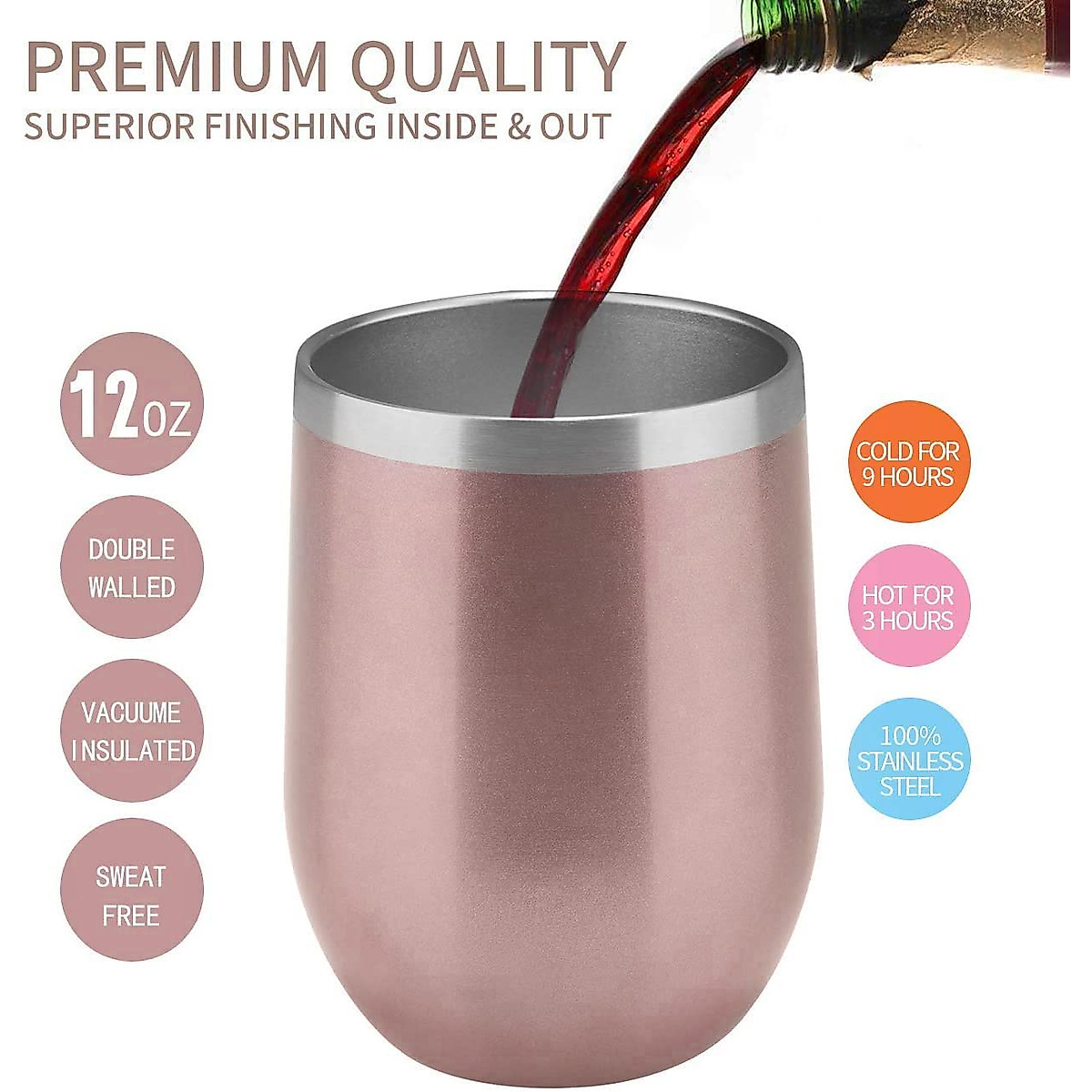 MUCHENGHY 12 oz Wine Glass Tumbler Bulk with Lid, Stainless Steel Double Wall Vacuum Insulated Stemless Wine Glass, Insulated Travel Wine Cup for Champaign, Cocktail, Christmas