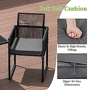 Tangkula 3 Pieces Outdoor Dining Set, Patio PE Rattan Furniture Set with Folding Backrest, Cozy Seat Cushions, Tempered Glass Tabletop, Space-Saving Rattan Chair Table Set for Backyard, Poolside