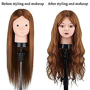 Beauty Star-Mannequin Head with 80% Real Human Hair, Mannequin Head with hair, Manikin Doll Head for Hair Styling with Table Clamp Holder + DIY Hair Styling Braid Set, Cosmetology Makeup Hairdressing Training Head ( Long 23.5inch, Light Brown )