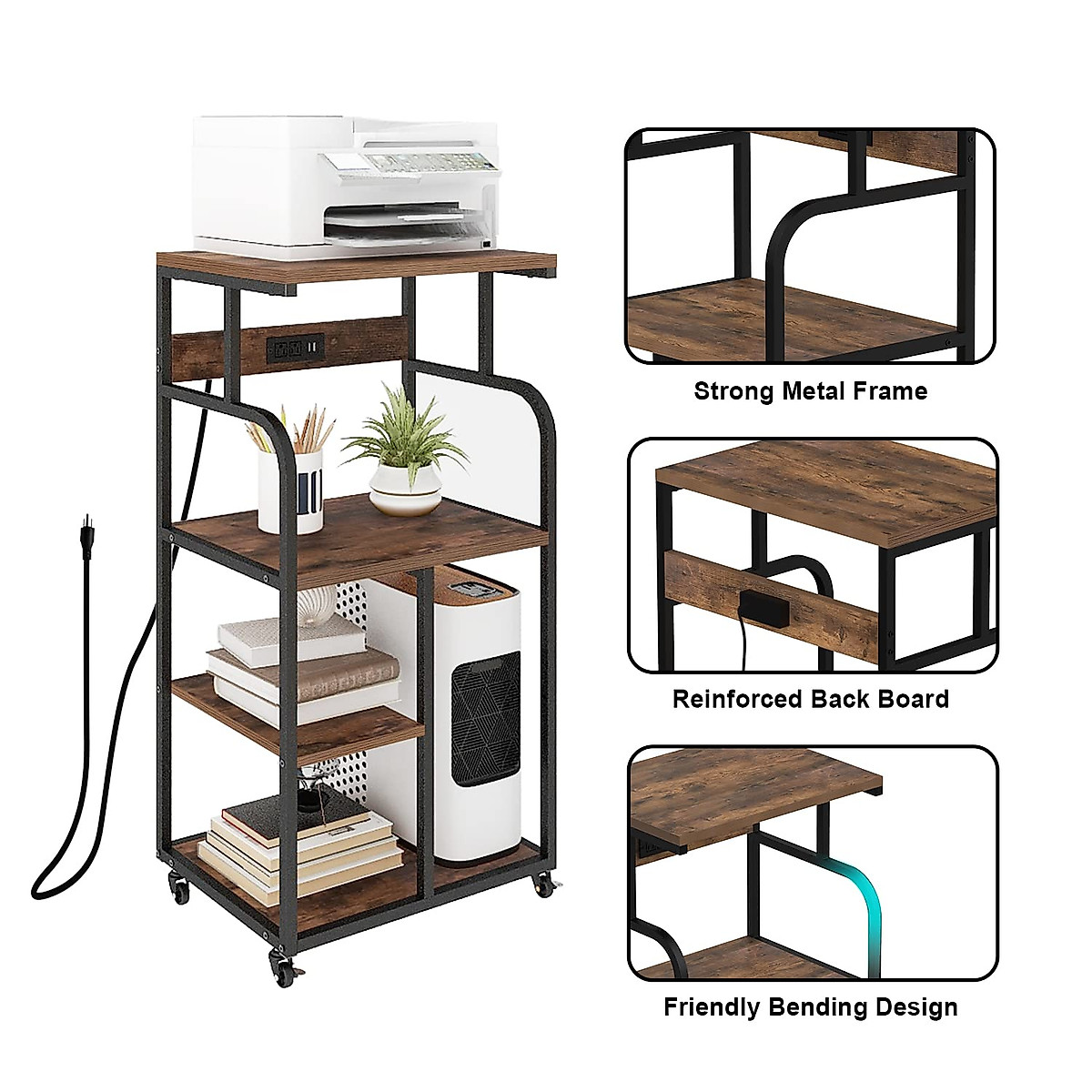 VEDECASA Mobile High Printer Stand with Power Outlet Charging Plugs USB Port Office Storage Shelf Includes Computer Tower CPU Stand Holder with Wheel (Brown)
