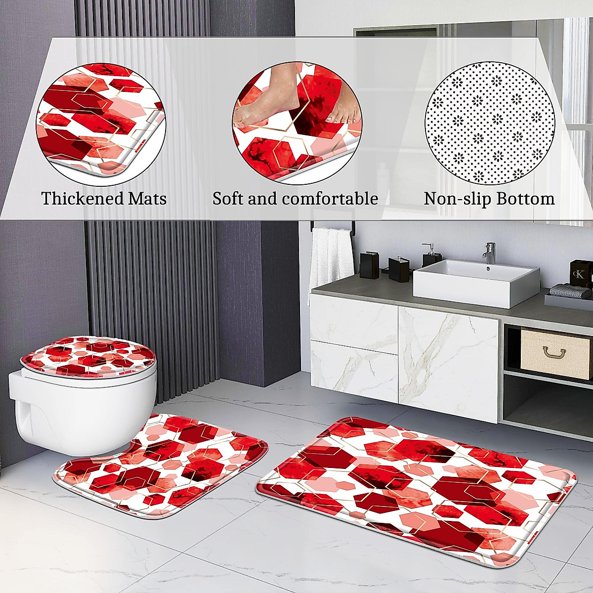 YOKYHOM Bathroom Sets, 4 Piece Geometric Red Bathroom Shower Curtain Sets with Rugs, Incl 71'' x 71'' Polyester Waterproof Shower Curtain with 12 Hooks, Non Slip Bath Mats and Toilet Lid Oval Rug