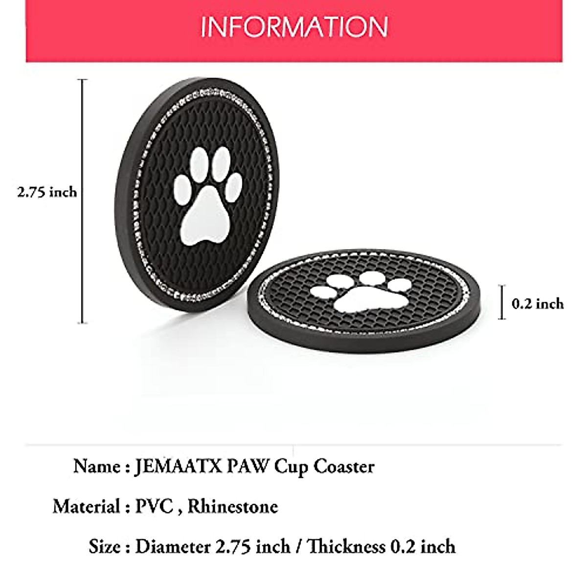 JIMAT Bling 2 Pack PAW Car Coasters for Cup Holders in Holder Set Accesories Crystal Vehicle Interior Accessories Mats Women Lady Girl 2.75in Diameter (Black) (JM-8698)