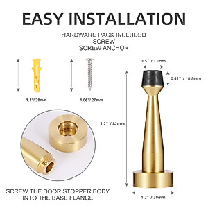 Solid Brass Door Stop, Decorative Door Stopper Wall Protector, Heavy Duty Door Stop with Rubber Bumper Tip for Wall Door Protection Sound Dampening, Brushed Gold Brass Plated