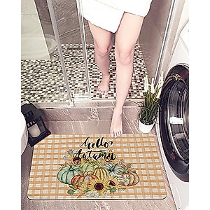Bathroom Floor Shower Mat, Non-Slip Small Rugs - Easy to Clean, Hello Autumn Thanksgiving Pumpkin Sunflower Daisy Pattern Durable Bath Rug 20"x32" Washable Quick Dry Mats for Bathtubs