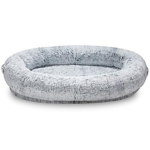 Homguava Large Human Dog Bed 75.5"x55"x12" Human-Sized Big Dog Bed for Adults&Pets Giant Beanbag Bed with Washable Fur Cover,Blanket and Strap, Grey Plush
