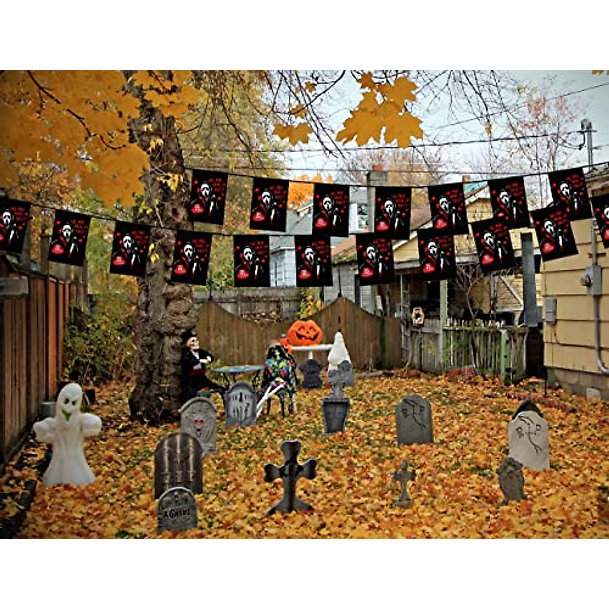 Scream Ghost No You Hang Up First Halloween Banner Pennant Flags Bunting Creepy Halloween String Ghostface Flags Halloween Banner Horror Indoor Outdoor Hanging Decorations Halloween Party Supplies