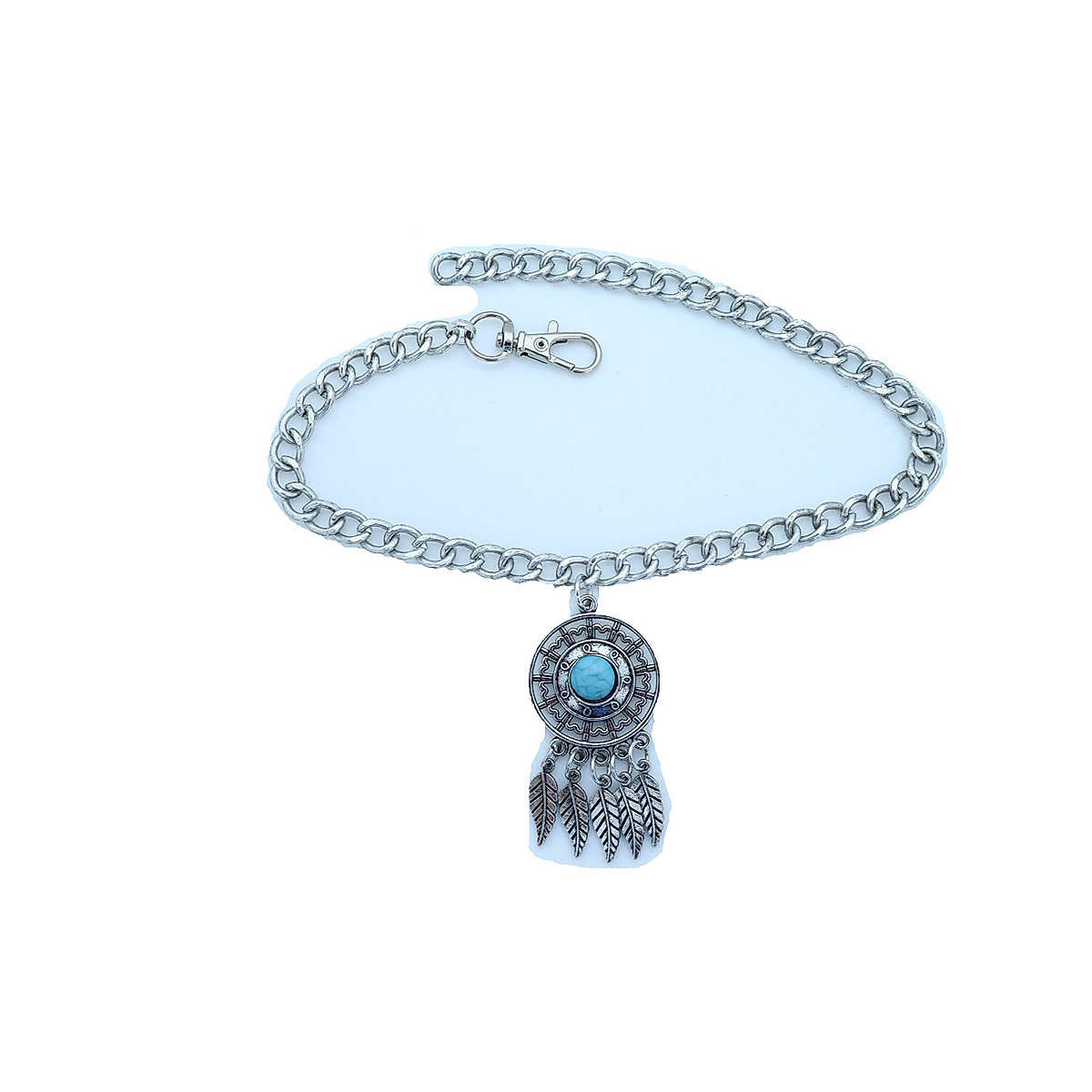 TFJ Women Western Fashion Jewelry Boot Bracelet Silver Metal Chain Shoe Native Style Feather Charm Turquoise Blue