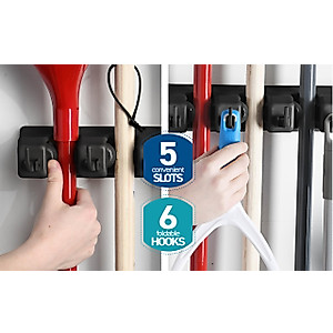 Mop and Broom Holder Wall Mount - Garage Storage Organizer with 5 Slots, 6 Hooks, 7.5lbs Capacity Per Slot - Home, Kitchen, Closet, Garden Tools, Laundry Room Organization – Black Broom Hanger