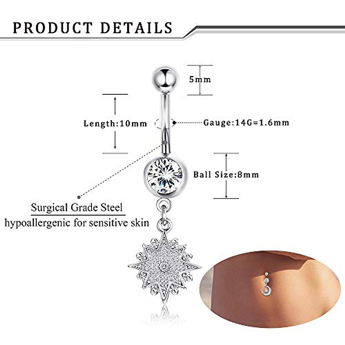 HANPABUM 6Pcs 14G Belly Button Rings Dangle for Women Surgical Steel Navel Rings Body Piercing Jewelry