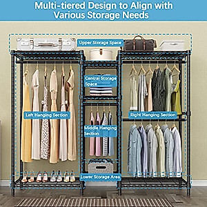 VIPEK V6C Heavy Duty Covered Clothes Rack Portable Wardrobe Closet, 5 Tiers Wire Garment Rack Black Metal Clothing Rack with Grey Oxford Fabric Cover, 75.6" L x 18.5" W x 76.8" H, Max Load 780 LBS