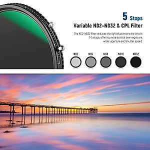NEEWER 2 in 1 82mm Variable ND Filter ND2–ND32&CPL Filter(Circular Polarizer Filter) No X Cross/30 Layer Nano Coated/HD Optical Glass/Ultra Slim Aluminum Alloy Frame/Water Repellent/Scratch Resistant