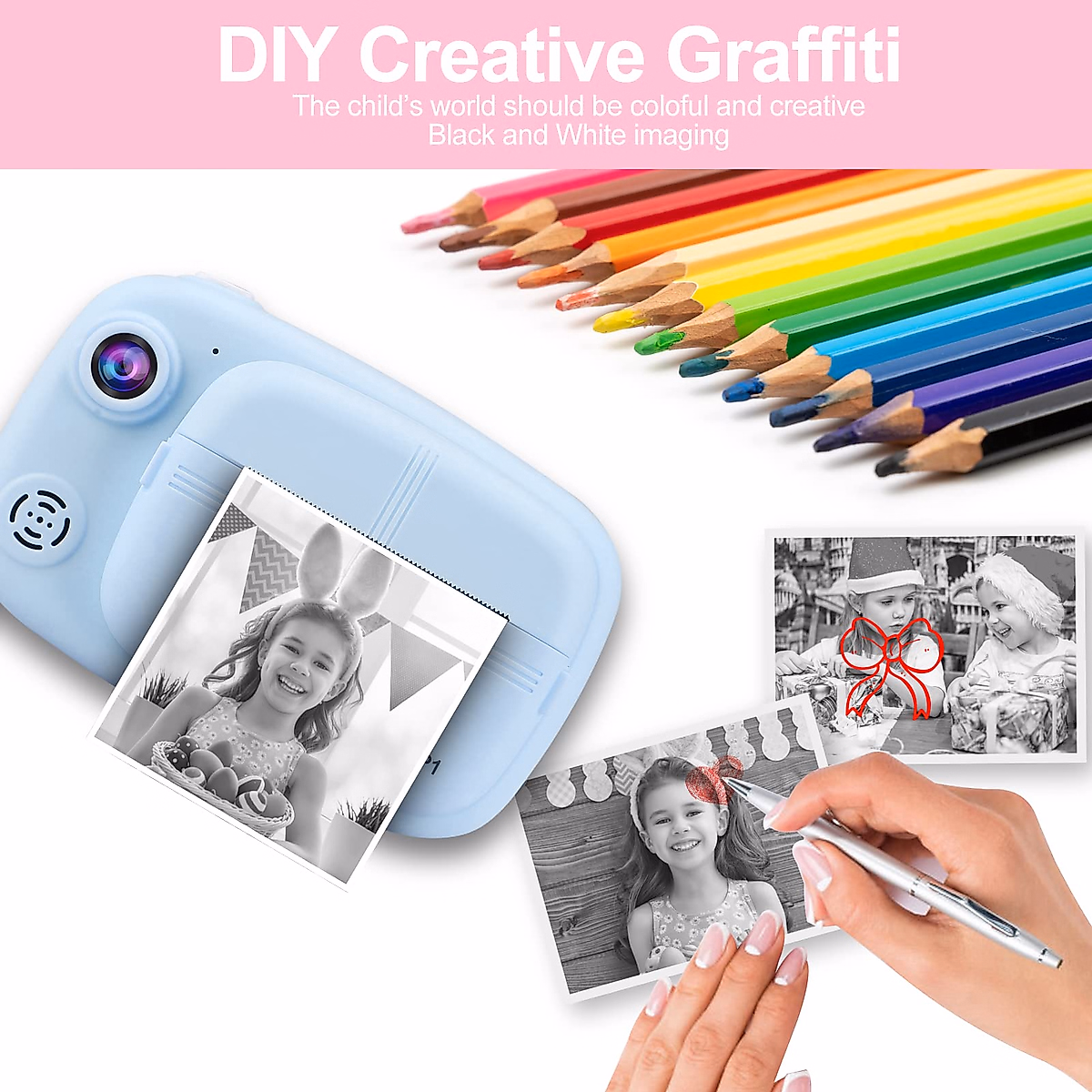 Kids Instant Camera, Mijiaowatch 12MP/1080P Kids Digital Print Camera with 3.5 Inch Cameras for Kids 32GB TF Card, Kids Gift Toys for Ages 3-14 (Blue)