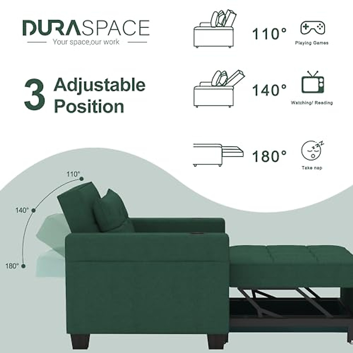 DURASPACE 39 Inch Sleeper Chair 3-in-1 Convertible Chair Bed Pull Out Sleeper Chair Beds Adjustable Single Armchair Sofa Bed with USB Ports, Side Pocket, Cup Holder (Forest Green Linen)