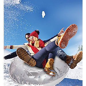 POZA Inflatable Silver Snow Tubes Collection - Silver Snow Sled Tube, Snowmobile, Boogie Sled with Handles and Snowflake Confetti, Cold Resistant Heavy Duty PVC Tube Sled for Adults and Kids - 3 Piece