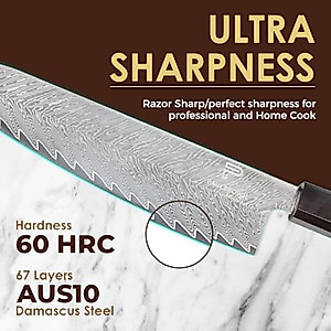 Paul Brown's™ 8 inch Professional AUS-10 Damascus 67 Layers Steel Kitchen Chef Knife with wooden handle Pine wood gift box and leather sheath