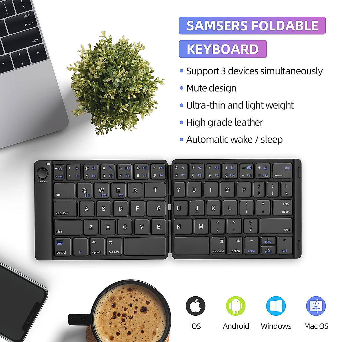 Multi-Device Bluetooth Foldable Keyboard, Samsers Wireless Portable Folding Keyboard, Full Size Ultra Slim Rechargeable Keyboard Connect Up to 3 Devices for IOS Android Windows phone Tablet and Laptop