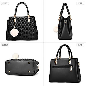 I IHAYNER Womens Leather Handbags Purses Top-handle Totes Satchel Shoulder Bag for Ladies with Pompon Black