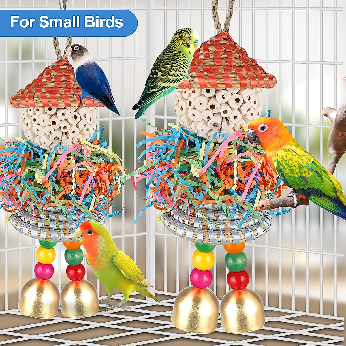 BBjinronjy Conure Toys,2PCS Bird Toys Parrot Foraging Shredder Hanging Toys Sola Balls with Bell for Small Parrots Parakeets Cockatiel Conures Love Birds Budgie Cage Toy