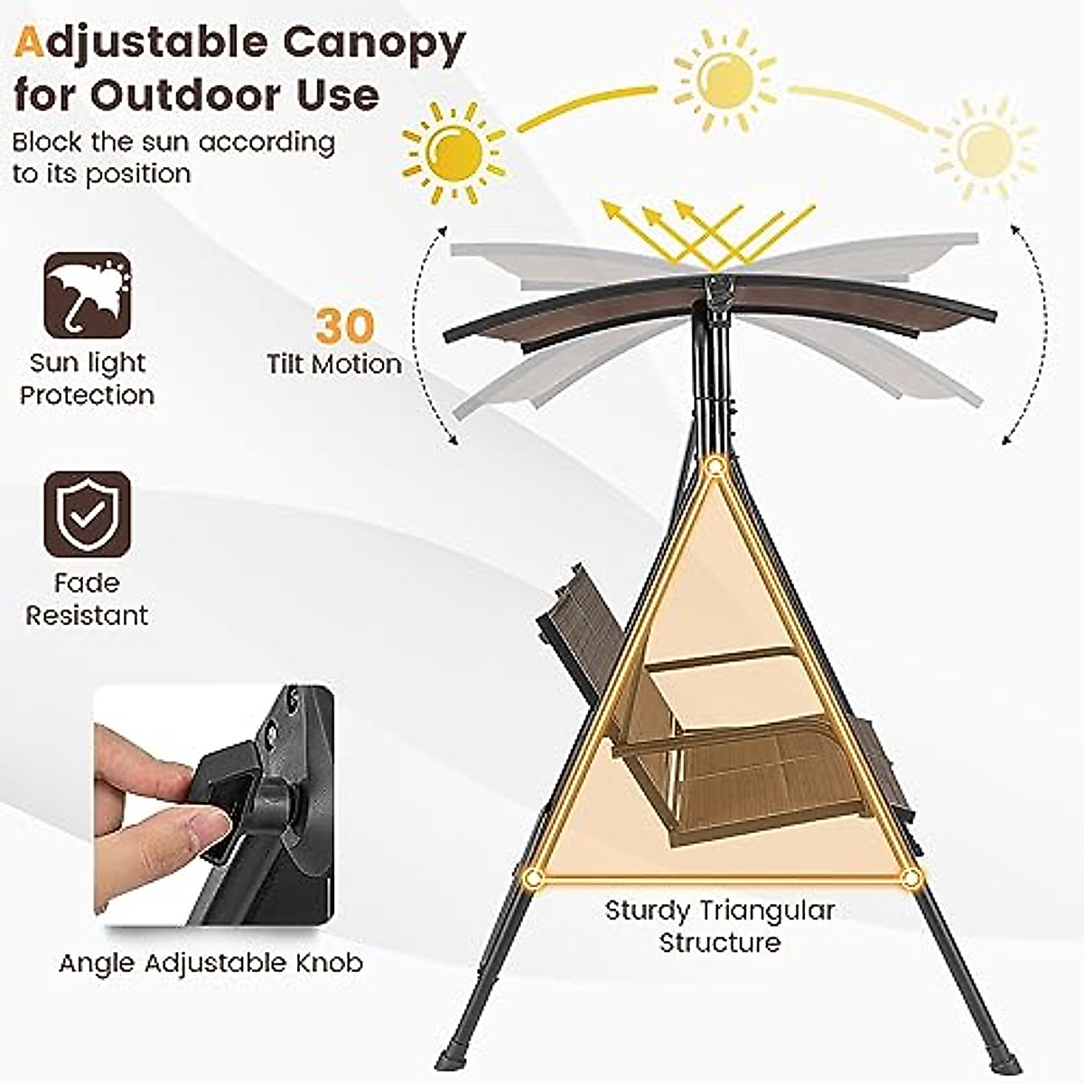 Tangkula 2 Person Porch Swing, Patio Swing with Adjustable Canopy, Padded Seat, Curved handrails & Heavy-Duty Metal Frame, Outdoor Swing for Yard, Garden, Poolside (Brown)
